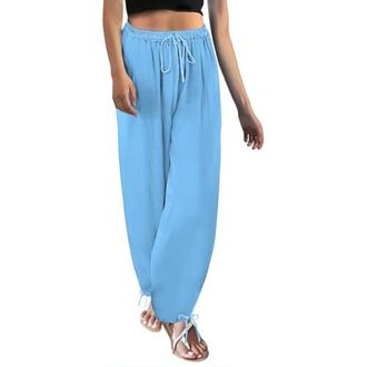 Generic Pantalon L&eacute;ger Femme Ample Fluide en Lin pour Ladies Fashionable and Casual Spring and Summer Cotton Linen Leg Tied High Waisted Pants Taille Elastiqu