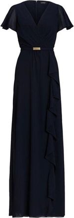 Ralph Lauren Femme, Robes, Bleu, Taille: 36 FR Robe Longue Fluide en Georgette avec Manches Volantes et Ceinture