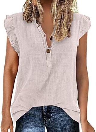 Generic Débardeur Ete Femme Col V, Tee Shirt Grande Taille Femme sans Manches Haut Couleur Unie Chic Ample Décontracté Classique de Base Tunique Confortables 