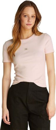 Calvin Klein Damen T-Shirt Kurzarm Woven Label Rib Tee Slim Fit, Rosa (Silver Peony), XXS