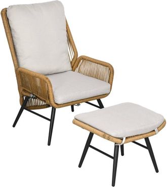 OUTSUNNY Rattan Relaxsessel mit Fu&szlig;hocker Gartensessel mit verstellbarer R&uuml;ckenlehne Outdoor Rattanstuhl mit Kissen f&uuml;r Garten, Balkon, Stahl, Polyester Natur