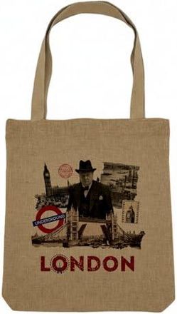 Fabulous Sac Shopping Tote Bag Aspect Lin - London Collage Londres Voyage Vintage - Sac de Courses Toile Epaisse 360g Beige Naturel Cabas Port&eacute; Epaule Solide I