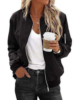Zeagoo Veste Bomber Femme Noire Blouson Court Veste L&eacute;g&egrave;re Femme Pilote Blouson Aviateur Basique L&eacute;ger Vintage Automne Printemps Sweatjacke Mince Veste &Eacute;t&eacute; M
