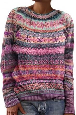 Generic Pull pour femme - Imprim&eacute; vintage - Col rond - Pull surdimensionn&eacute; en tricot &agrave; manches longues - Pull habill&eacute; tendance &agrave; rayures - Confortable - Doux 