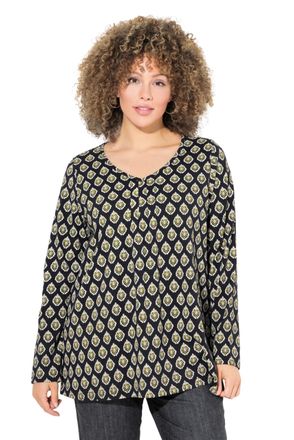 Ulla Popken Damen große Größen Übergrößen Plus Size Shirt, Zierfalten, A-Linie, V-Ausschnitt, Langarm schwarz 46+ 832580100-46+