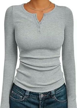 Generic QXDZSW T-shirt &agrave; manches longues pour femme Col dautomne c&ocirc;tel&eacute; Style basique, gris, XXL