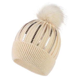 Generic M&uuml;Tze Bonnet dhiver pour femme avec pompon en fourrure synth&eacute;tique et bandes &agrave; paillettes pour femme et adolescente, Beige (01)., taille unique