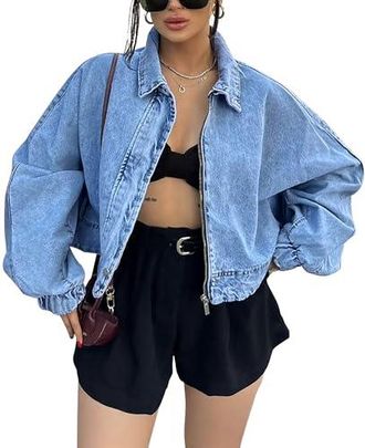 Fengbay Vestes en Jean Femme Veste Oversize d&eacute;contract&eacute;e &agrave; Manches Longues et Coupe Courte Manteau en Jean Tendance