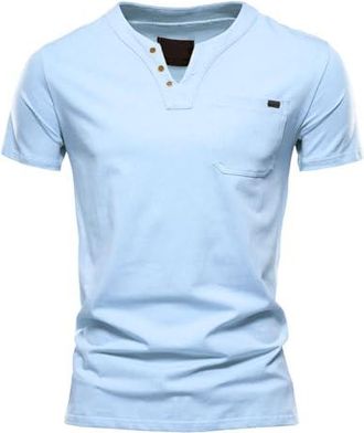 Generic T-shirt de plage pour homme, haut décontracté à boutons et col en V en coton anti-humidité avec poche, haut de course à pied, chemise de randonnée, de