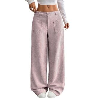 Generic Pantalon en Velours c&ocirc;tel&eacute; for Femmes, Baggy &agrave; Jambes Larges, Taille &eacute;lastique, Pantalon de surv&ecirc;tement d&eacute;contract&eacute; for Salon et Affaires(P008- Pink,X
