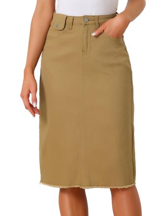 Allegra K Damen Hohe Taille Denim Rock Taschen Knielang Jeansrock Midirock Khaki XS