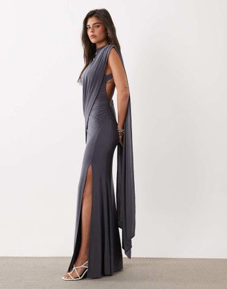 Asos robe longue moulante &agrave; une &eacute;paule avec d&eacute;tail &eacute;charpe fluide en charbon-Gris