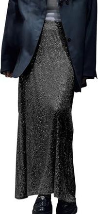Generic Jupe amincissante &agrave; paillettes taille haute pour femme - Taille &eacute;lastique - Jupe droite taille haute - Plus, Noir, 3XL