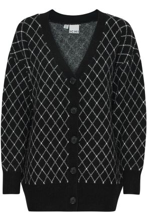 Ichi IHALVINO Damen Strickjacke Cardigan V-Ausschnitt Knopfleiste Loose fit, Gr&ouml;&szlig;e:XL, Farbe:Black (194008)