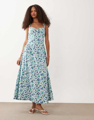 Abercrombie & Fitch Robe longue &agrave; imprim&eacute; fleuri avec d&eacute;tail corset et soutien-gorge int&eacute;gr&eacute; - Bleu