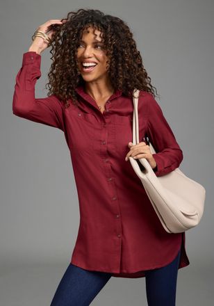 Boysen's Longbluse BOYSENS, Damen, Gr. 34, rot (bordeaux), Web, Obermaterial: 100% Viskose, unifarben, figurumspielend h&uuml;ftbedeckend, 1-Knopf-Manschette, Bluse