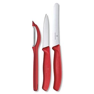 Victorinox by Swiss Army Swiss Classic set de couteaux &agrave; l&eacute;gumes, couteaux &agrave; tomates et &eacute;plucheurs, 3 pi&egrave;ces, manche en plastique robuste, acier inoxydable, rouge