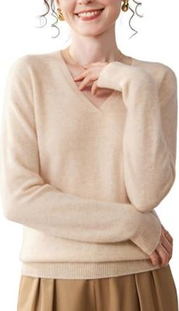 Dissa Pull Cachemire Femme Col V Uni Tricoté en Vrac Manches Longues Fin Pull en Cachemire et Laine,Beige,EU 42,MH605