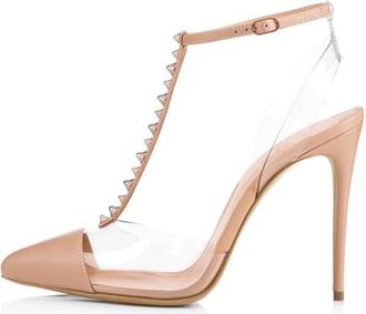 Generic Sandales à Talons Hauts à Bout Pointu et Bride à la Cheville pour femme, Sandales Sexy en Pvc à Talons Aiguilles et Brides en T avec Rivets pour Soiré