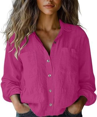 Generico Chemise Femme &Eacute;l&eacute;gant &agrave; Manches Longues Chemises Coton Et Lin D&eacute;contract&eacute; Respirant T Shirt Col en V Mode Chemisier Vintage Fantaisie avec Boutons Dou