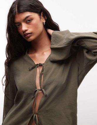 B&eacute;lier ensemble chemise &agrave; manches longues &agrave; nouer devant toucher doux en olive-Vert