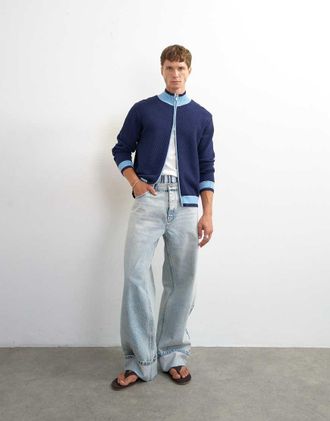 Topman Jean baggy rigide avec revers - D&eacute;lavage clair-Bleu