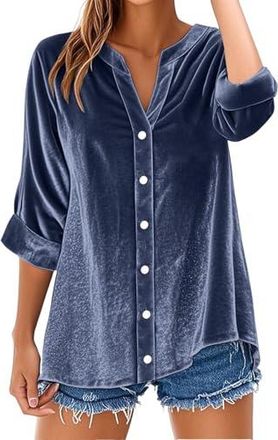Generic Chemise boutonn&eacute;e &agrave; col en V pour femme, chemisier vintage en velours, couleur unie, pull &eacute;l&eacute;gant en velours, tunique habill&eacute;e et d&eacute;contract&eacute;e, tee-sh