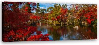 Feeby Vlies Leinwandbild Natur Japanischer Garten Japan 150x50 cm Wanddeko Design Kunstdruck Zimmerdeko Bilderwand Orientalisch B&auml;ume Teich Orange