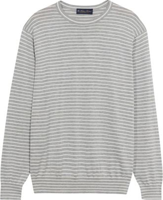 Brooks Brothers Homme, Pulls, Gris, Taille: 2XL Pull ras du cou ray&eacute; en coton, soie et lin