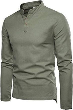 Generic Chemises en lin pour homme grande taille - Chemise noire &agrave; manches longues - Col &agrave; manches longues - T-shirt noir en coton - Haut pour homme, vert mil