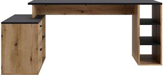 PEGANE Bureau dangle en m&eacute;lamine coloris imitation ch&ecirc;ne artisan / noir mat - Longueur 183 x profondeur 141 x Hauteur 75 cm