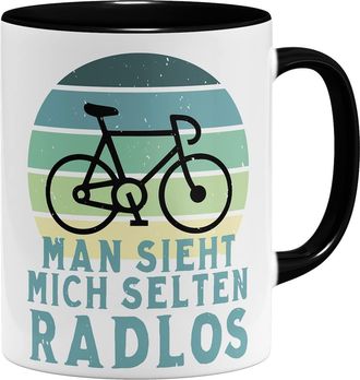 OM3 Fahrrad Tasse mit Spruch - man sieht mich selten Radlos - Keramik Becher - 11oz 325ml - Beidseitig Bedruckt - Schwarz