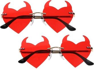 BESTONZON Lot de 2 Lunettes de Soleil sans Monture en Plastique Forme Coeur et Cornes Verres Rouges &Eacute;clatants L&eacute;g&egrave;res Protection Solaire pour F&ecirc;tes Carnaval et 
