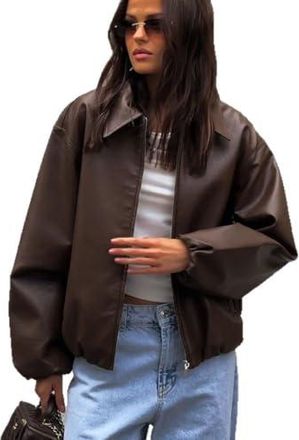 Generic Veste en cuir synth&eacute;tique avec fermeture &eacute;clair pour femme - Automne et hiver, marron, XL