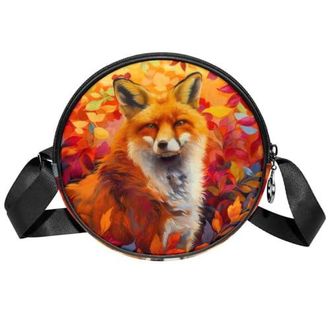 Generic Petit sac &agrave; bandouli&egrave;re circulaire pour femme, motif feuilles dautomne, renard, sac &agrave; dos avec fermeture &eacute;clair, bretelles r&eacute;glables, sac &agrave; main rond 