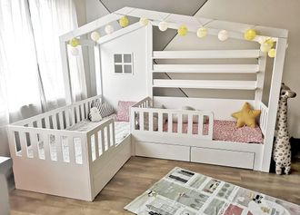 Generic L-förmiges Bett Montessori Eck Doppelbett mit Lesesofa aus Naturholz, individuelle Größe erhältlich (90 x 200 cm, White)