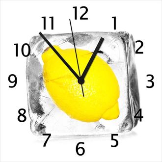Wallario Design-Wanduhr Zitrone in Eisw&uuml;rfel - Eiskaltes Obst aus Glas, Motiv-Uhr Gr&ouml;&szlig;e 30 x 30 cm, Schwarze Zeiger
