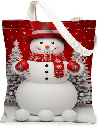 Generic Sacs fourre-tout en toile motif bonhomme de neige dhiver, sacs d&eacute;picerie r&eacute;utilisables, l&eacute;gers et lavables, Rouge, 13x15 Inch