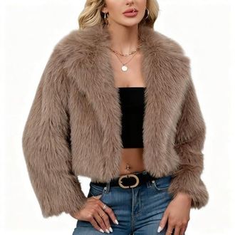 Generic Veste courte en fausse fourrure pour femme, cardigan court &eacute;l&eacute;gant &agrave; manches longues ouvert sur le devant, revers de couleur unie, manteau d&eacute;contract&eacute;