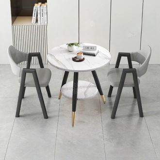 Generic Runder Empfangstisch Und 2 St&uuml;hle Im Set - Moderne Holzmaserung Mit PU-Ledersitzen for B&uuml;ro Oder Lounge(Light Chairs+Faux Marble Table)