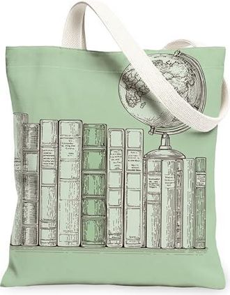 Generic Sacs fourre-tout en toile avec motif de globe artistique, sacs &agrave; provisions r&eacute;utilisables, style vintage printanier, l&eacute;ger, lavable, vert, 13x15 Inch