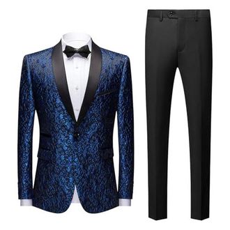 Generic Ensemble de smoking ch&acirc;le &agrave; revers floral pour homme - Motif cachemire et fleurs - Pour mari&eacute;, f&ecirc;te de mariage - Veste de d&icirc;ner &agrave; un bouton, bleu, 3XL