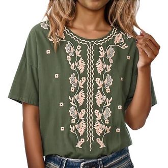 Generic Haut boh&egrave;me pour femme - Tunique en coton et lin brod&eacute; - Printemps &eacute;t&eacute; - Manches 3/4 - Vintage - Ample - &Eacute;l&eacute;gant - L&eacute;ger - Boh&egrave;me - Floral - Plage - V