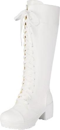 Generic Bottes Hautes pour Femme Elegant Cuir à Lacets Talon Bloc Bout Rond Plateforme Fermeture Éclair Latérale Semelle Antidérapante Style Britannique Botte