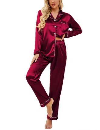 Ekouaer Schlafanzug Damen Lang Satin Schlafanzug Winter Hausanzug f&uuml;r Frauen Seide Pyjama Set Sleepshirt mit Kn&ouml;pfe,Rot,XXL