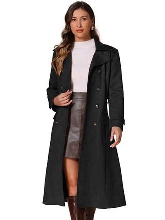 Allegra K Trench Coat Femme en Faux Su&egrave;de &agrave; Revers Crant&eacute; Blouson Long &agrave; Double Boutonnage avec Ceinture Manteau Faux Cuir &agrave; Manches Longues Noir L