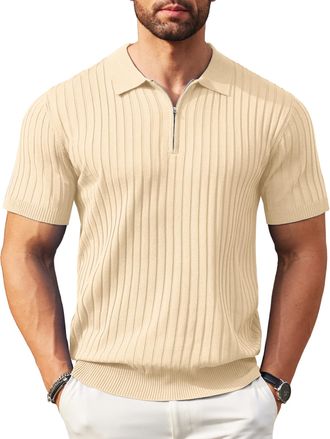 Coofandy Coofandy Herren-Poloshirt mit Reißverschluss, kurzärmelig, gerippt, modisch, lässig, Golf-Shirts, Hellkhaki, Mittel
