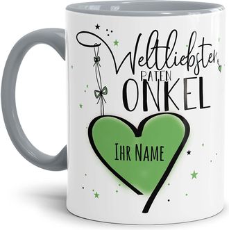 Tassendruck Keramik Tasse - Weltliebster Patenonkel - zum selbst gestalten mit Name - Geschenk f&uuml;r den besten Patenonkel - Innen & Henkel Grau, 300 ml