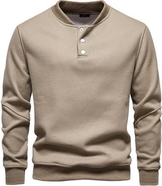 Generic Chemise Henley thermique en tricot gaufré pour homme, quart de bouton, col en V, coupe ajustée, pull Henley à manches longues pour homme, kaki, XXL