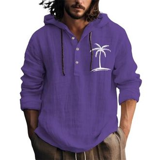 Generic Chemise en lin pour homme - Coton et lin - Sweat &agrave; capuche - Boutonni&egrave;re - Manches longues - Avec capuche - Chemise d&eacute;t&eacute; confortable - Chemise de lois